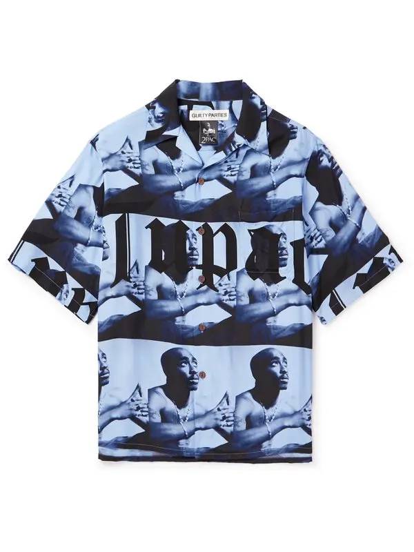 Wacko Maria Tupac Camp-Collar Printed Satin Shirt In Blue - 60