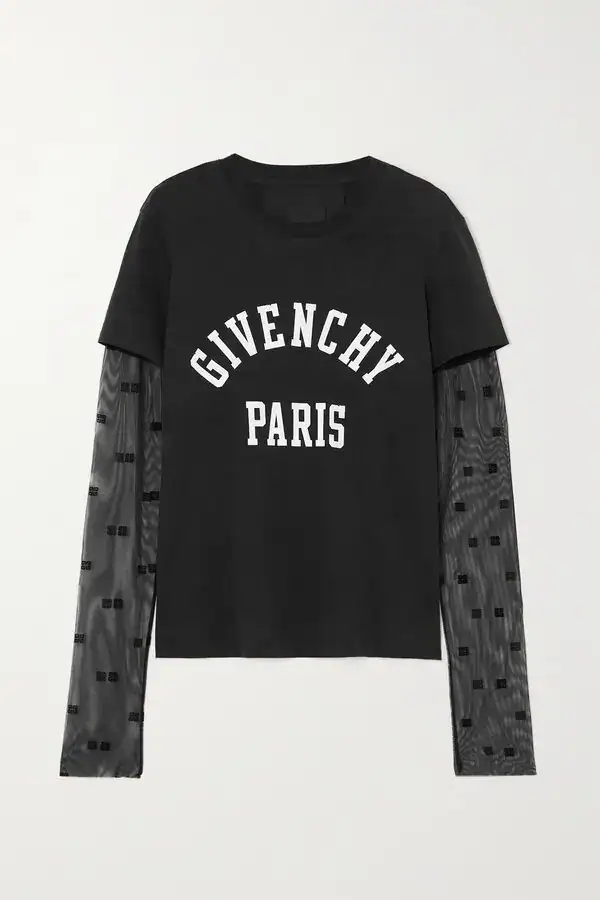 Givenchy Layered Printed Cotton-Jersey And Flocked Stretch-Tulle T