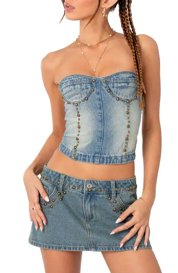 Edikted Studded Denim Lace-Up Corset Crop Top Blue Editorialist