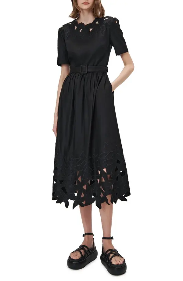 Simkhai Jilly Embroidered Cutwork Detail Linen Blend Dress - Black |  Editorialist