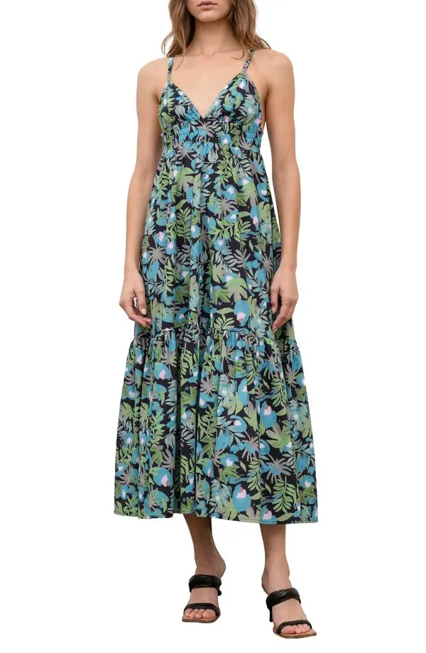 Moon River Floral Back Cutout Midi Dress - Blue/ Green Multi | Editorialist