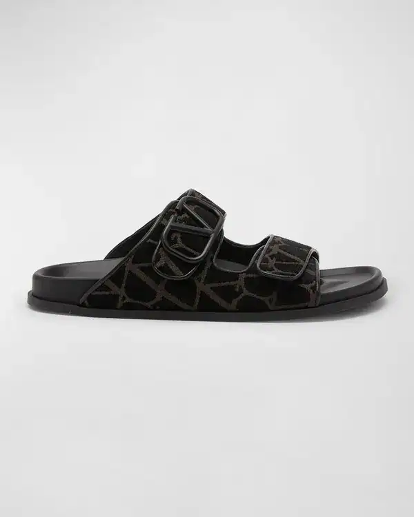 Valentino Garavani V-Logo Textile Slide Sandals - Brown/Black