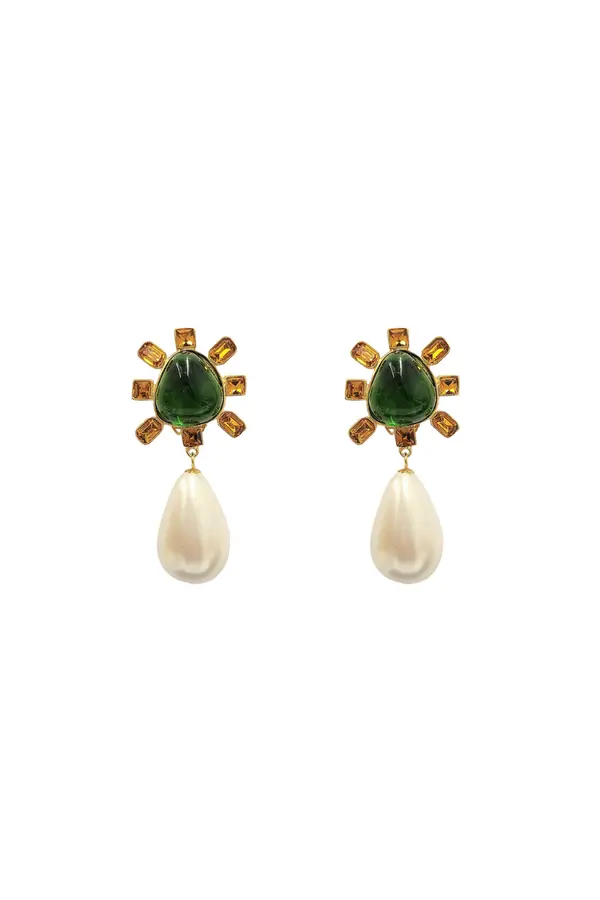 KENNETH JAY LANE Topaz, Emerald, And Pearl Drop Clip Earrings - Natural