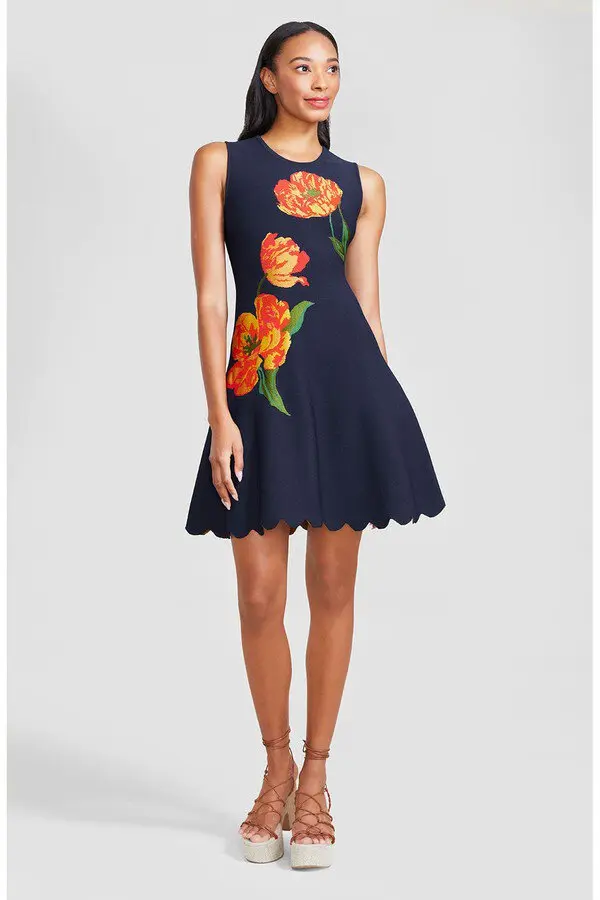 Lela Rose Floral Jacquard Knit Sleeveless Dress In Navy - 70% Off |  Editorialist
