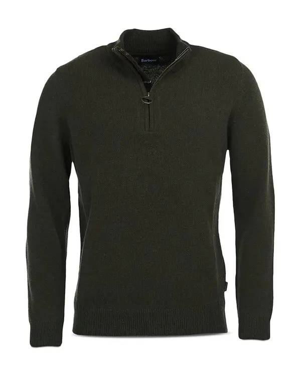 Barbour Holden Wool Tartan Trim Quarter Zip Sweater - Olive Marl