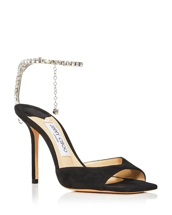 JIMMY CHOO Saeda 100 High Heel Sandals - Black Suede/crystal