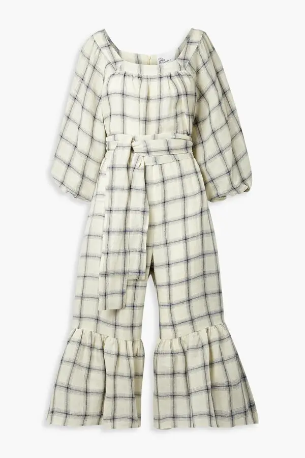 Lisa Marie Fernandez Cropped Belted Checked Linen Jumpsuit