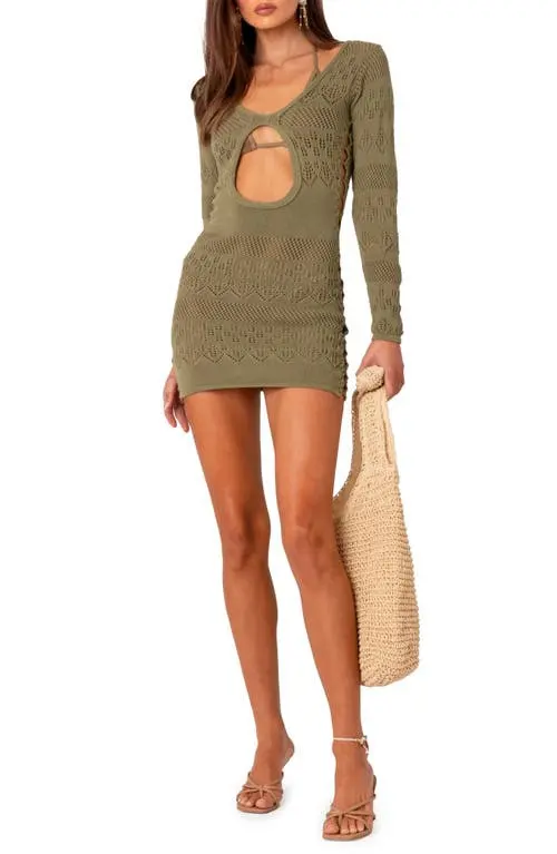 Edikted Lotus Cutout Long Sleeve Crochet Cover-Up Dress - Olive |  Editorialist