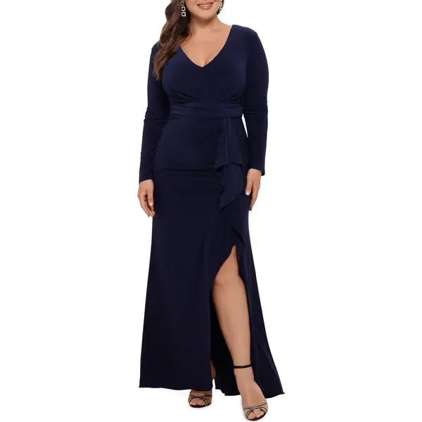 Betsy & Adam Ruffle Side Slit Gown - Navy