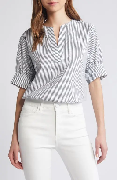FRAME Stripe Split Neck Cotton Top - Navy Multi