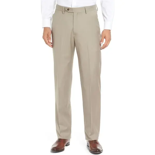 Berle Flat Front Super 130s Wool Gabardine Trousers - Tan