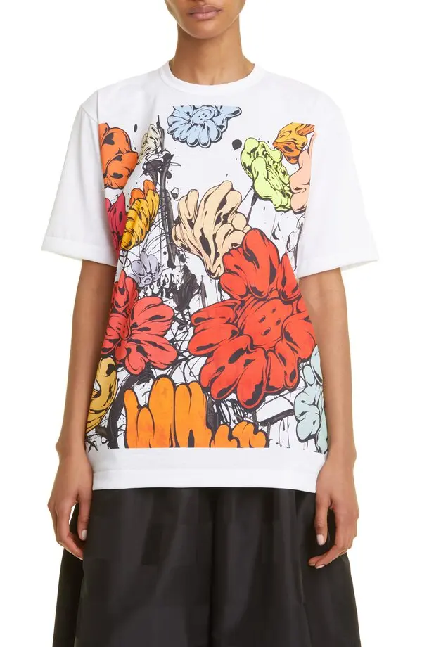 Tao Comme Des GarçOns Button Flower Print Cotton T-Shirt In White 