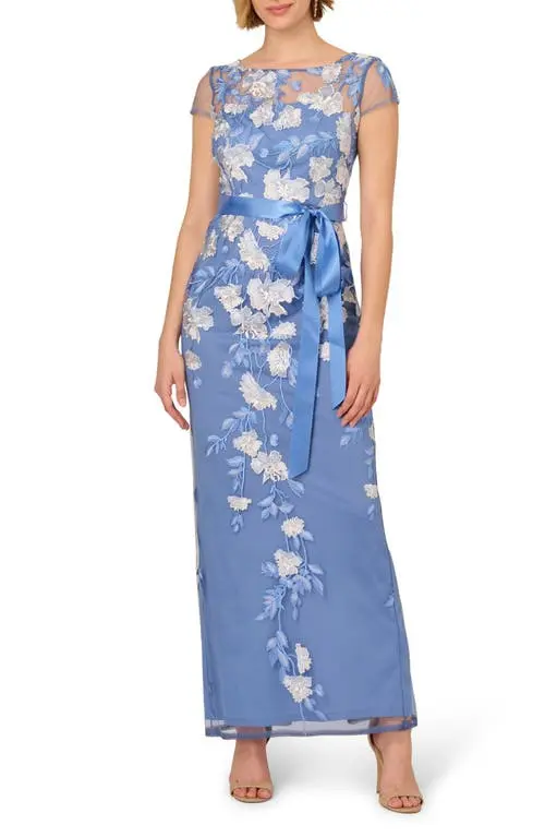 Adrianna Papell Floral Embroidered Gown - French Blue Multi