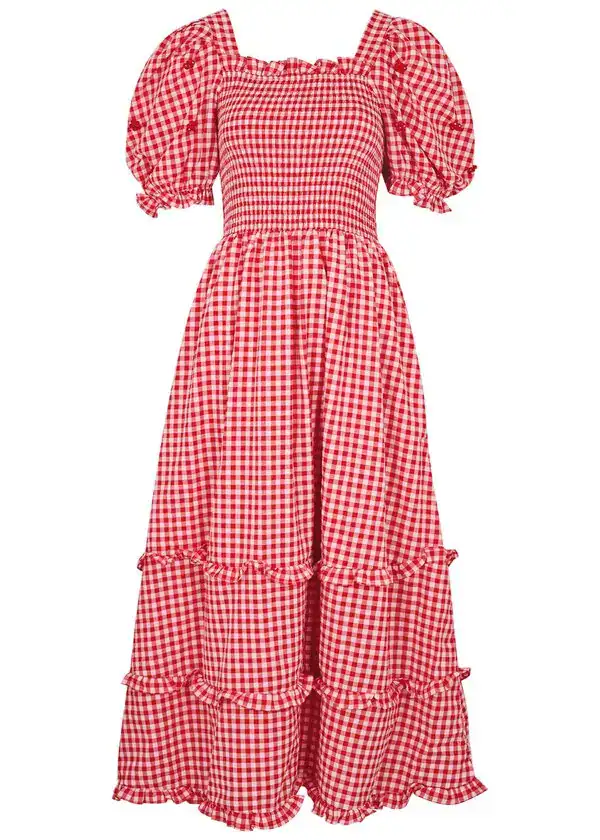 strapless open back dress Hazel Red Gingham Midi Dress