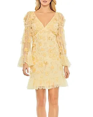 Mac Duggal Floral Embellished Long Sleeve Ruffle Hem Dress - Butter |  Editorialist