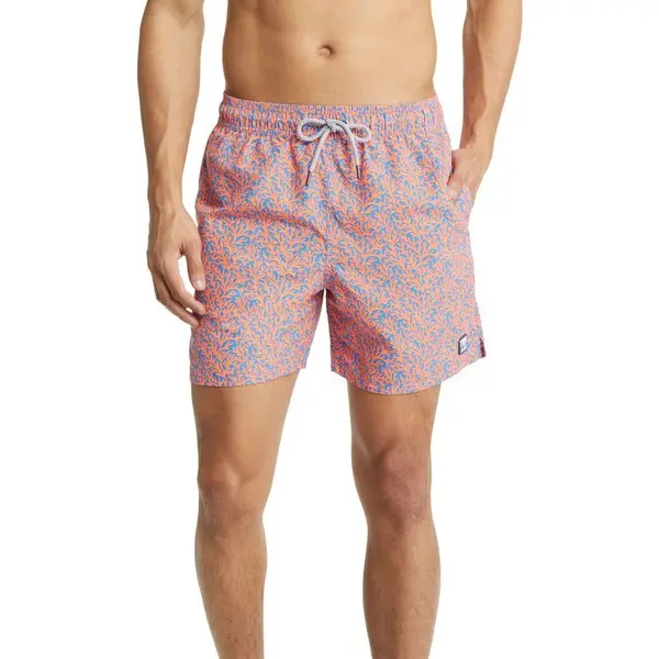 TOM & TEDDY Coral Print Swim Trunks - Mid Blue & Orange
