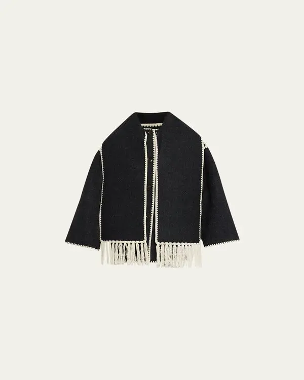 TOTÊME Embroidered Fringe Scarf Wool Jacket - Medium Grey