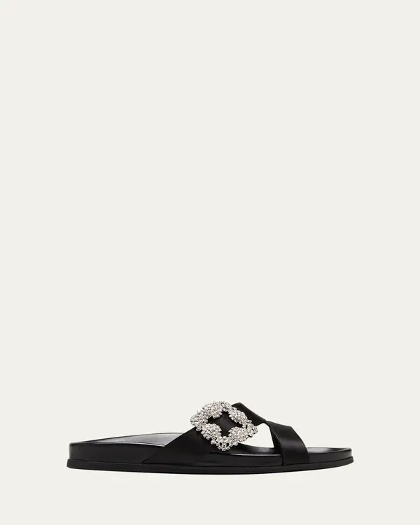 Manolo Blahnik Chilanghi Crystal Buckle Slide Sandals - Black