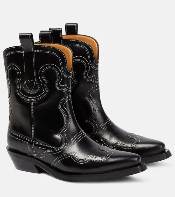 Ganni Leather Cowboy Boots In Black 32% Off Editorialist - Main Image