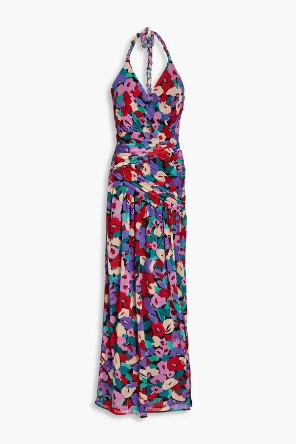 NICHOLAS Printed Stretch-mesh Halterneck Midi Dress - Black