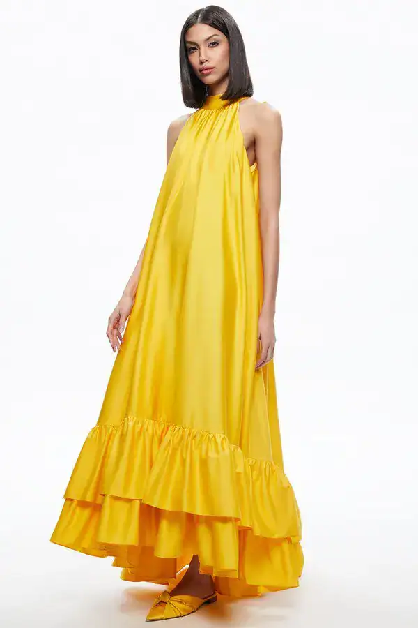 slim fit dress slacks Gold Metallic Pleated Maxi Dress main image 1