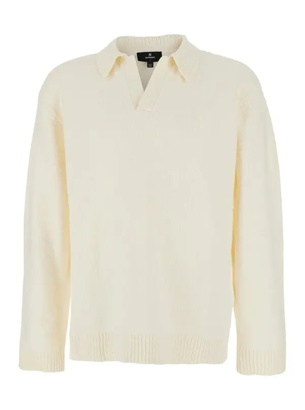 REPRESENT Long-sleeve Polo Shirt With Classic Collar And Ribbed Trims In Cotton Blend Stretch - White