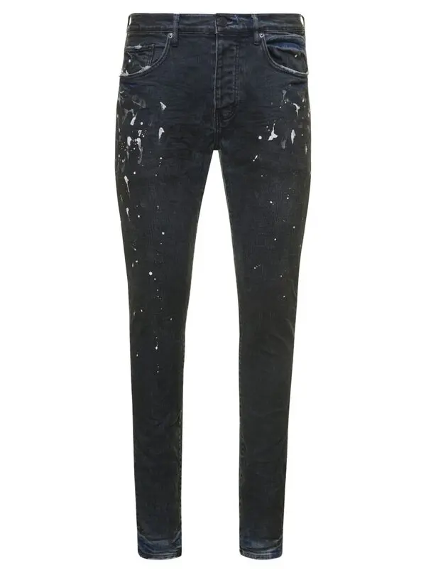 skinny jeans black jeans white paint splatter Purple Brand Dark E Skinny Jeans With Paint Stains In Cotton Denim