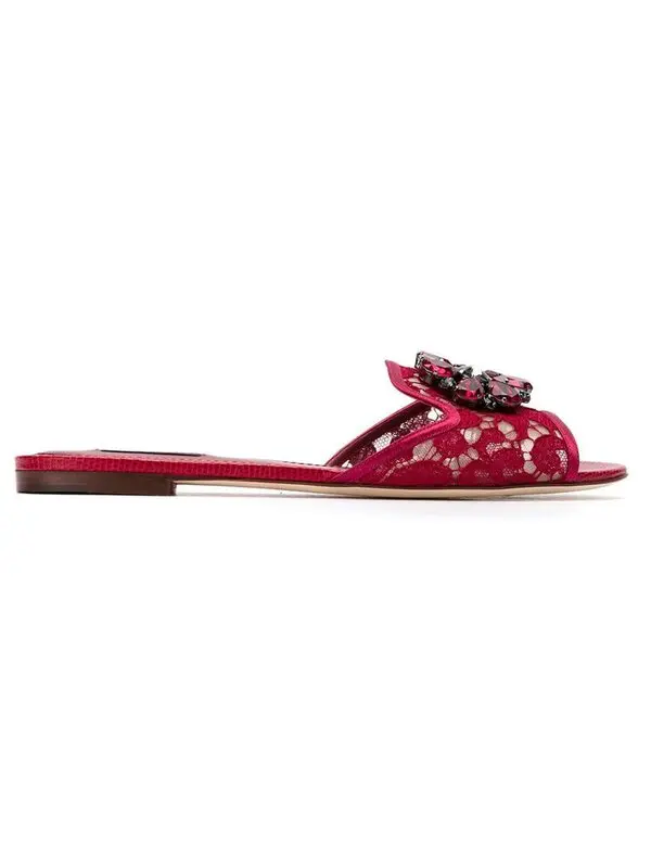 Dolce & Gabbana Crystal Lace Flat Sandals - Red