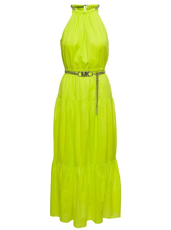 Michael Kors Neon Halter Neck Maxi Dress With Chain Belt With Logo