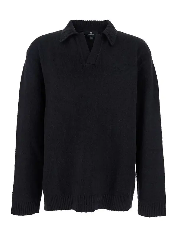 REPRESENT Long-sleeve Polo Shirt With Classic Collar And Ribbed Trims In Cotton Blend Stretch - Black