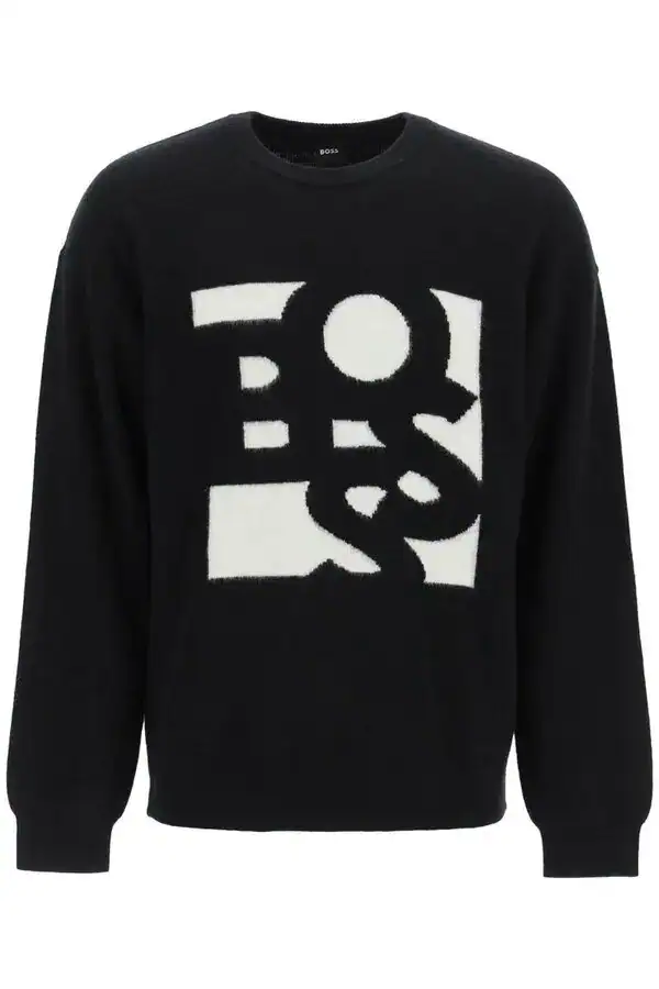 Buy Hugo Boss Virgin Wool And Cashmere Sweater With Shaken Logo - Black ...