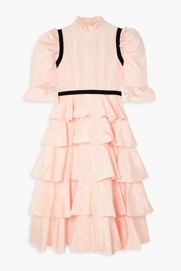 Batsheva Simone Tiered Ruffled Moire Midi Dress - Blush