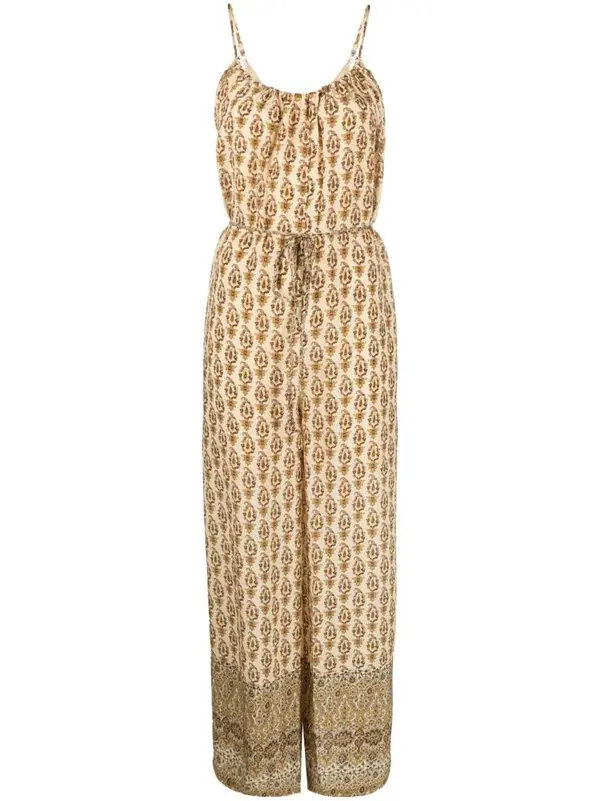 Gold Hawk Printed Silk Jumpsuit - Beige