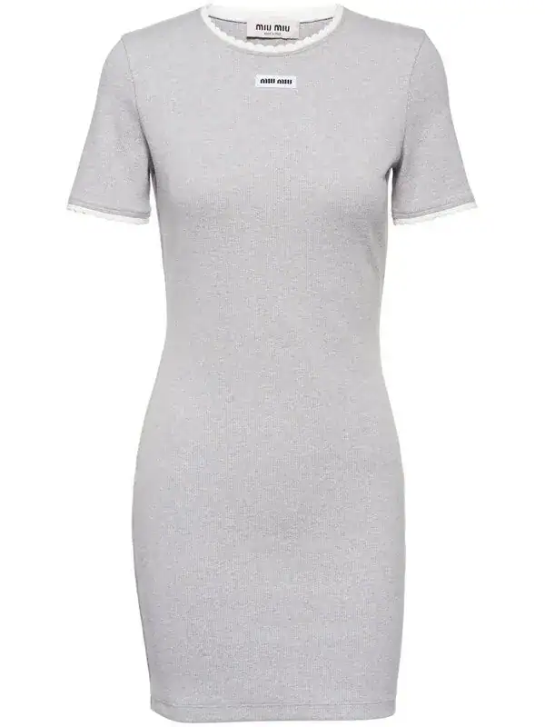 miu miu logo-patch ribbed jersey dress Miu Miu Logo-Patch Scallop-Trim Minidress - Grey