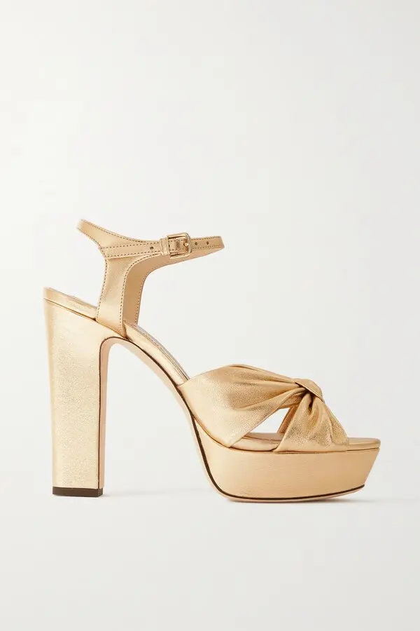 JIMMY CHOO Heloise 120 Knotted Metallic Leather Platform Sandals - Gold