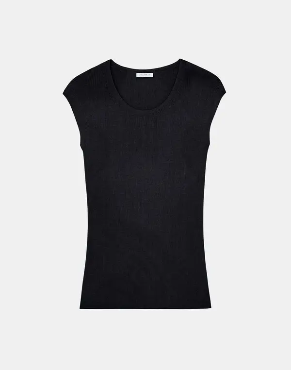 Lafayette 148 New York Finespun Voile Ribbed Cap Sleeve Top - Black