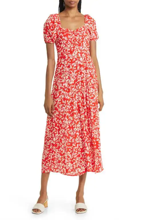 & Other Stories Floral Puff Sleeve Midi Dress In Red Floral Print - 25% Off  | Editorialist