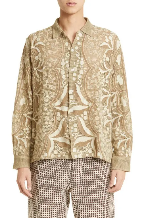 Bode Filet Filigree Embroidered Mesh Button-Up Shirt In Ecru Multi