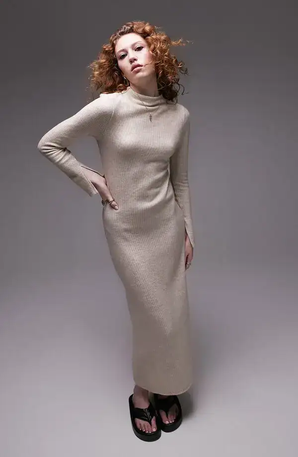 Topshop Long Sleeve Rib Maxi Dress In Cream - 55% Off | Editorialist