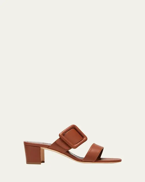 Manolo Blahnik Tituba Leather Buckle Slide Sandals - Brown