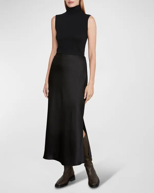 Vince Side-slit Satin Slip Skirt - Black