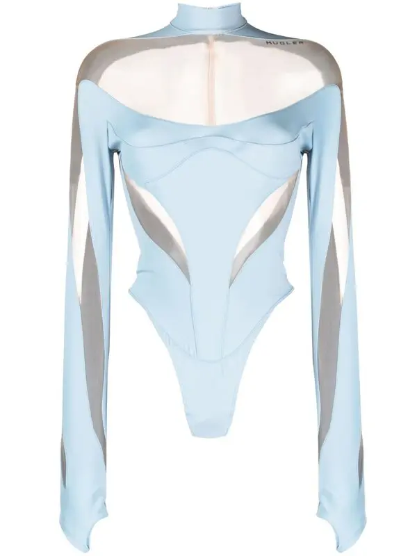 MUGLER Panelled Sheer Bodysuit - Blue