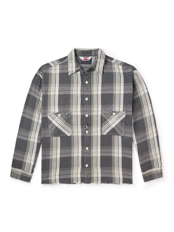 Saint Mxxxxxx Distressed Checked Cotton-Flannel Shirt M In Black