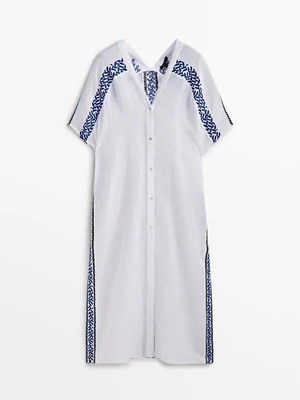 Buy Massimo Dutti Maxi Embroidered Linen Shirt Blouse - White At 49% ...