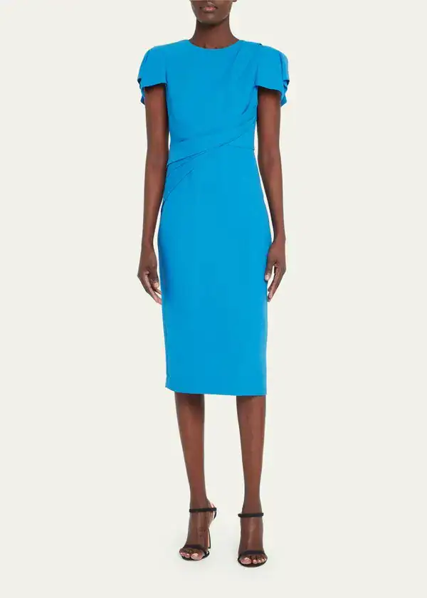 Roland Mouret Cap-Sleeve Wool-Blend Midi Dress With Gathered Front