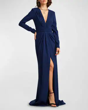 Tadashi Shoji Pleated Deep V-Neck Crepe Gown In Night Blue 75