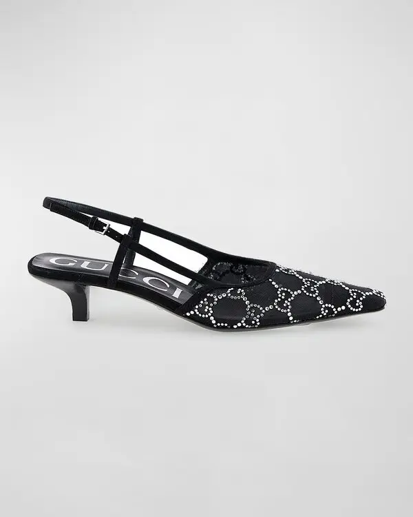 Gucci Tom Crystal Gg Mesh Slingback Pumps - Black