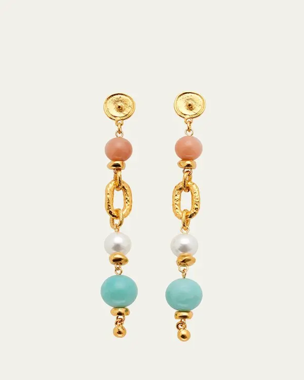 BEN-AMUN Pearly, Rose Quartz And Amazonite Dangle Earrings - Gold