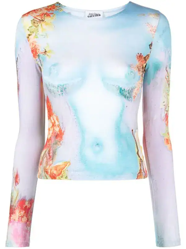 Jean Paul Gaultier Body Flower Trompe L'Oeil-Print Top - Blue