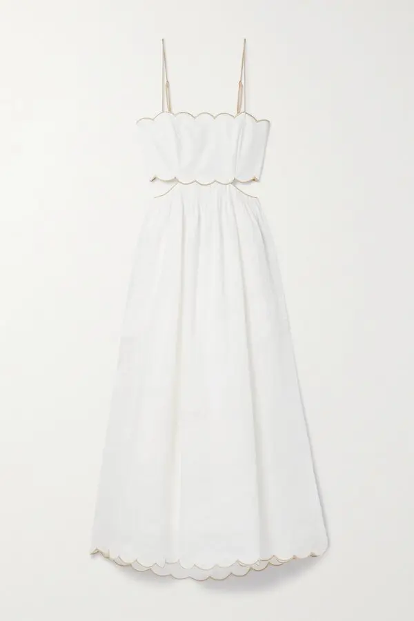 Zimmermann Devi Shell-Embellished Cutout Scalloped Linen Midi Dress In  Ivory - 30% Off | Editorialist